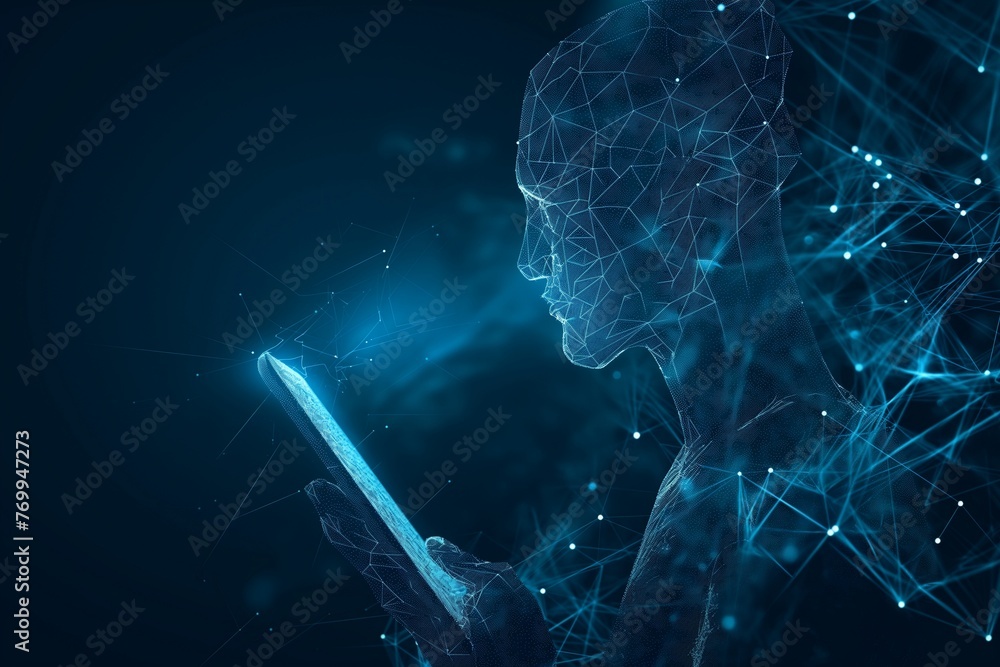 Abstract digital businessman with the tablet using a chatbot, abstract ...