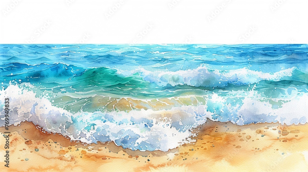 Cartoon sea with playful waves, watercolor illustration, beach scene ...