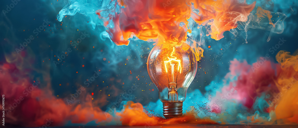 Visualizing a eureka moment: lightbulb surrounded by dynamic paint ...