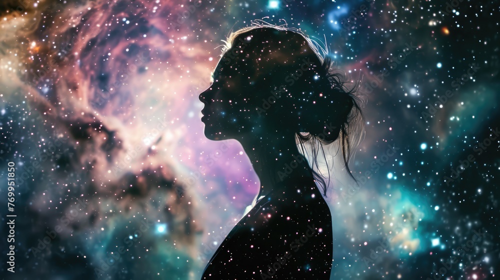 The double exposure picture of adult female human with galaxy or ...