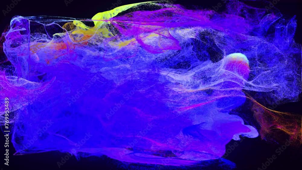 Glow particles spread in camera like Ink effect. Emitter ball emit ...