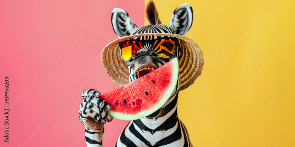 Image of a zebra wearing a straw hat and sunglasses, biting off a ...