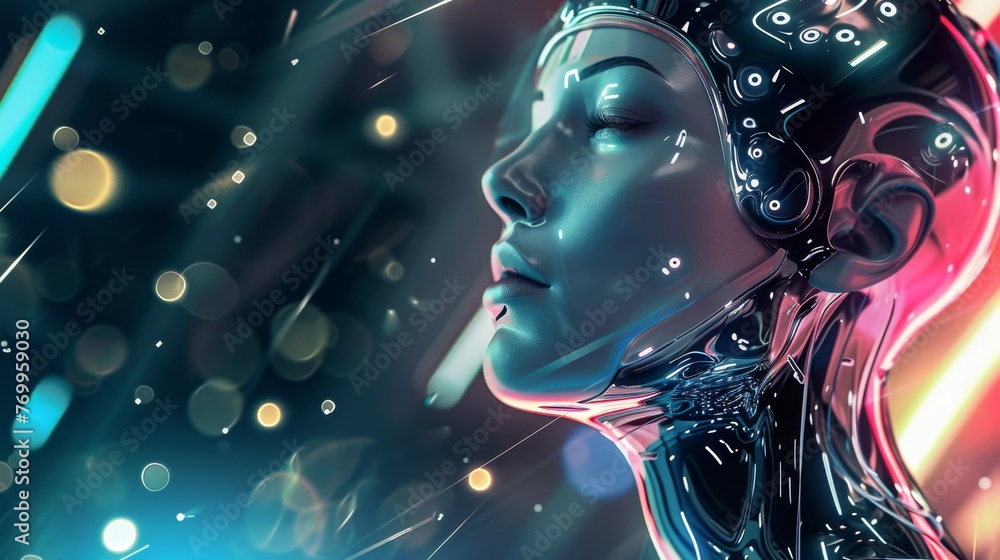 A futuristic representation of a contemplative cyber woman with digital ...