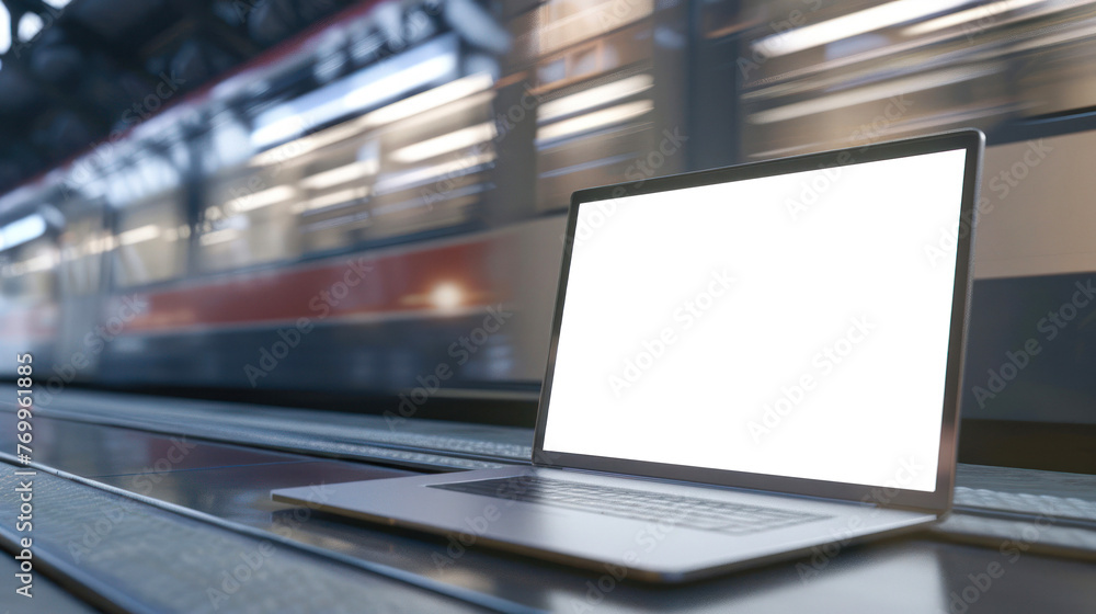 A modern laptop with a blank screen sits on a railway station bench ...