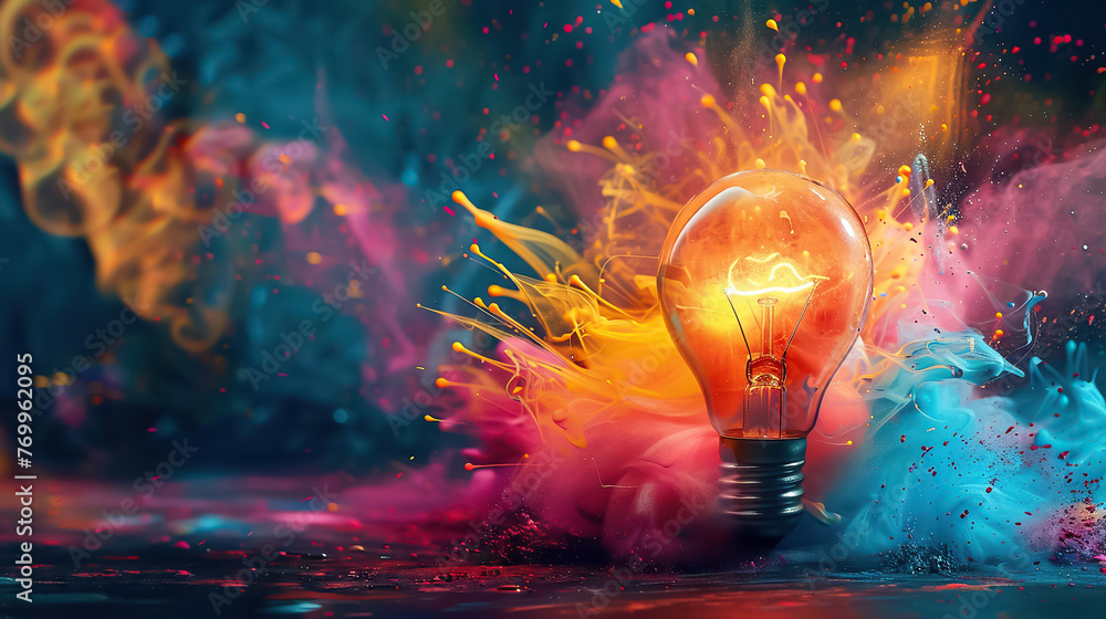 A creative depiction of a eureka moment: lightbulb amidst vibrant paint ...