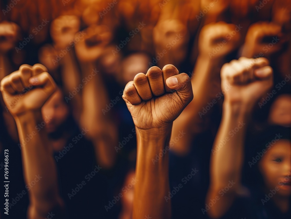 Diverse group of people raising fists in protest, symbolizing unity and ...