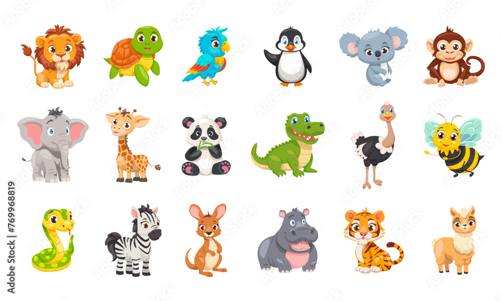 Collection of cute wild animals of the world. Cartoon baby animals ...