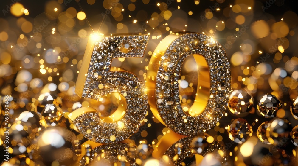 Gold number 50 adorned with diamonds and bling explodes in 3D ...