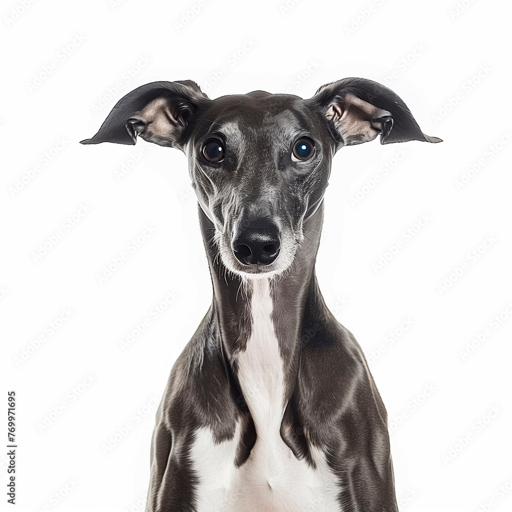 A photo of a purebred greyhound facing the camera, shot from chest and ...