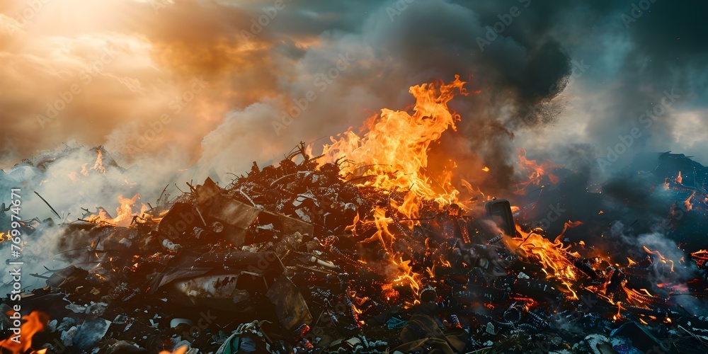 Burning pile of household waste in trash management to reduce pollution ...