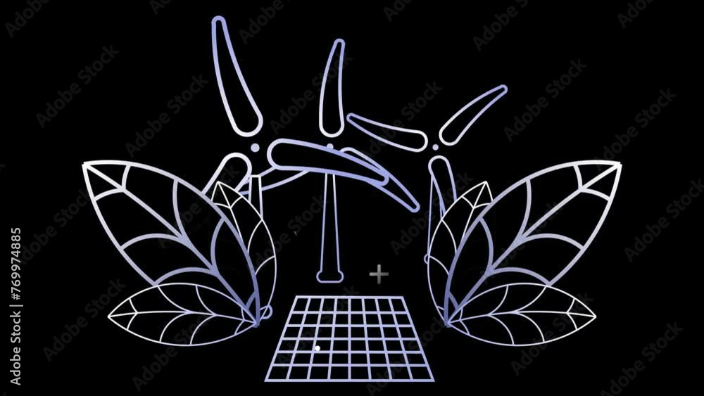 Moving wind turbine blades and solar panels with leaves swaying in the ...