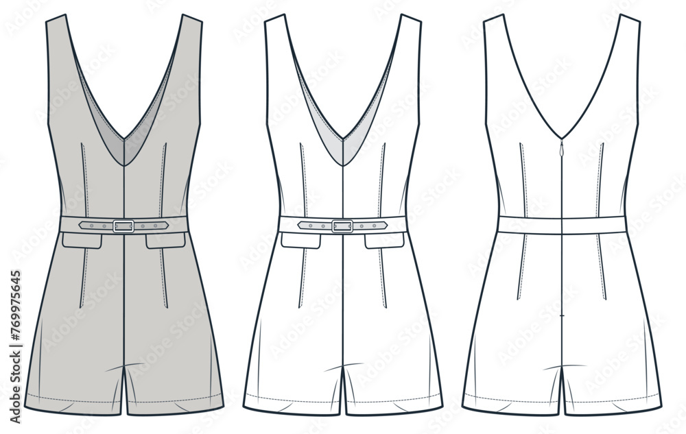 Short Jumpsuit technical fashion Illustration. Plunging Jumpsuit ...