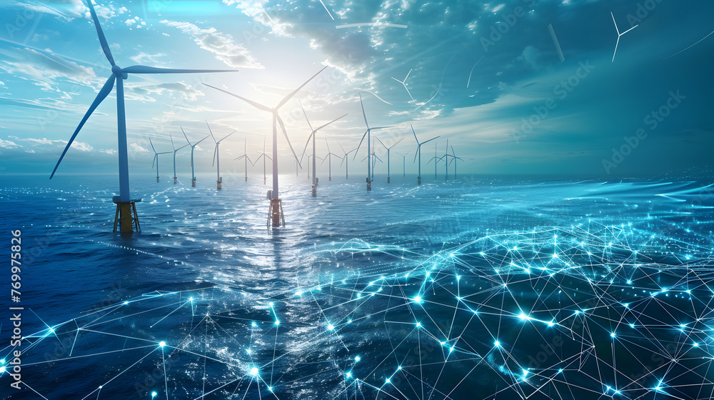 Offshore Windanlage, Windpark, Windräder auf dem Wasser, Stromerzeugung ...