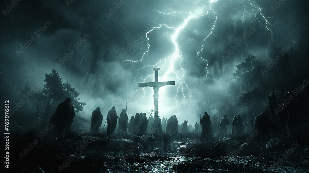 Lightning strikes the cross on which Jesus Christ was crucified. A ...