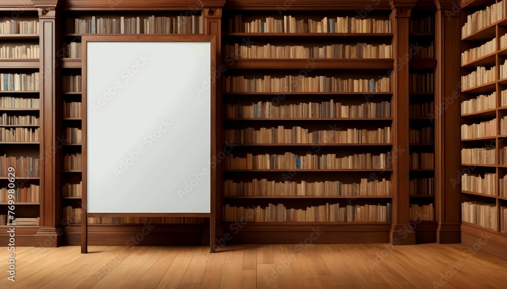 Blank empty white poster sign billboard mockup in old library ...