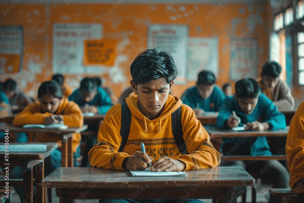 Realistic Snapshot: Indian Students Engaged in an Exam in a Classroom ...