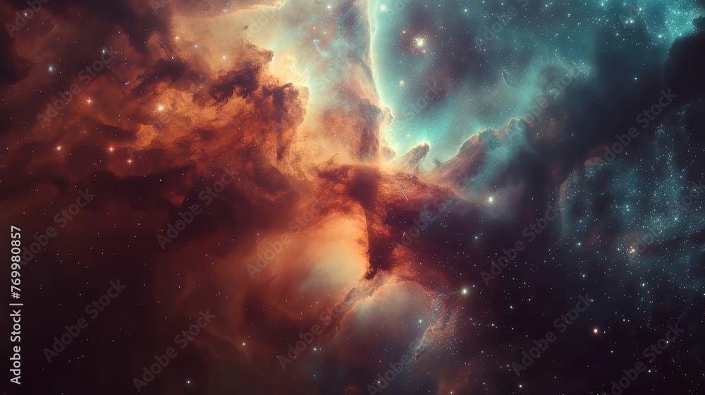 Ethereal nebulae merging, stellar nursery scene, contrasting cool and ...