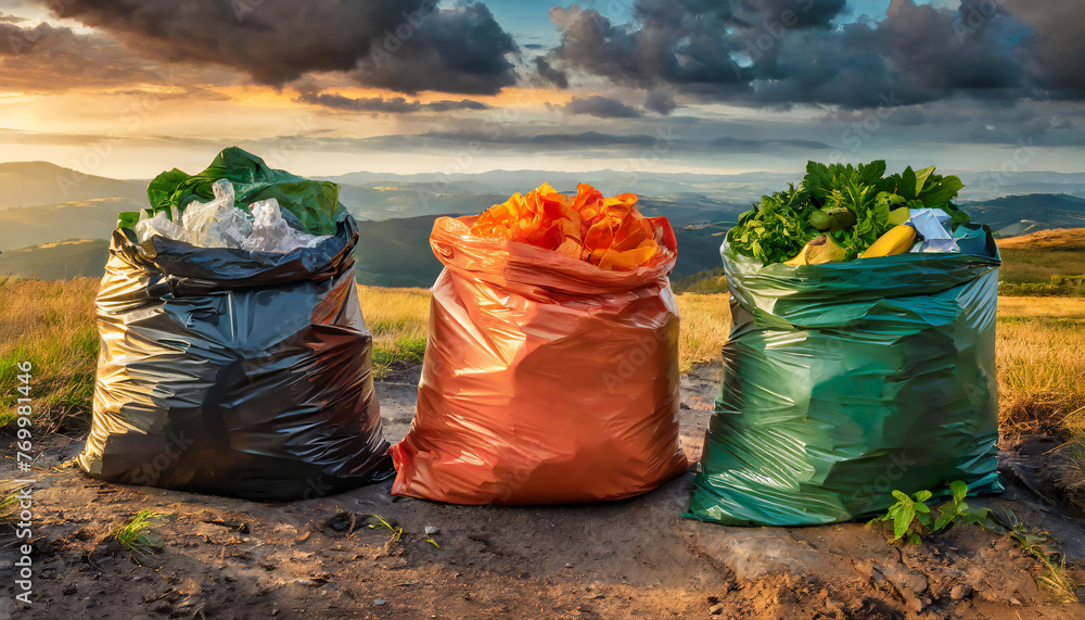 Three Color-coded waste bags filled with waste (green, black, orange ...