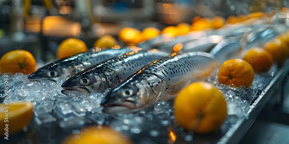 A conveyor belt in a fish processing plant moves raw sea fish for ... A conveyor belt in a fish processing plant moves raw sea fish for ...