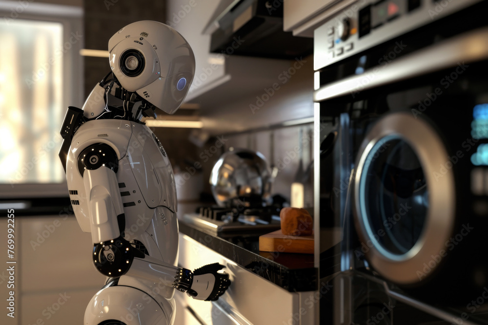 A domestic robot in home kitchen, engaging with cooking appliances ...