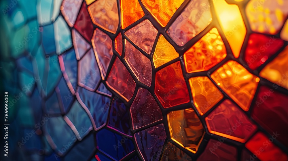 Abstract stained glass window radiating with vibrant colors and dynamic ...