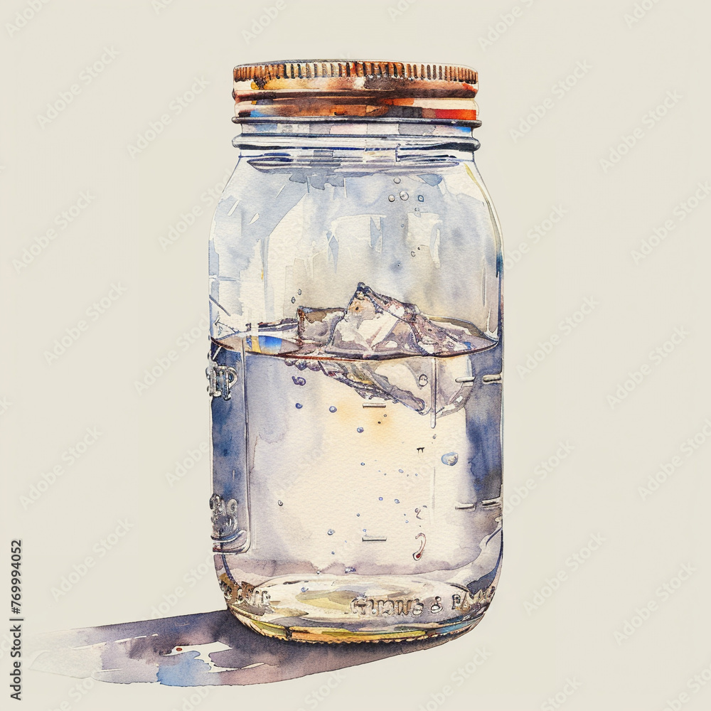 Watercolor illustration of a mason jar filled with clear moonshine ...