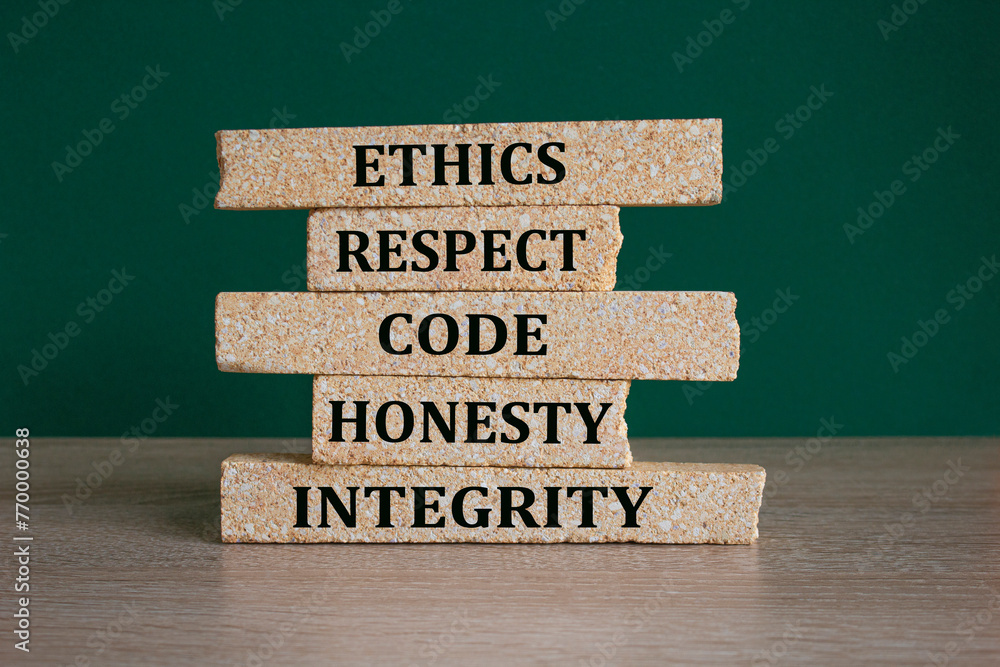 Code of conduct symbol. Brick blocks with words 'ethics, respect, code ...