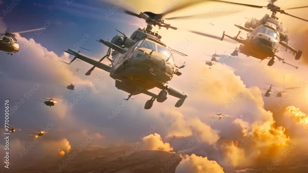 Helicopters Flying Over Fire, Aerial View of Fiery Scene, Helicopter in ...