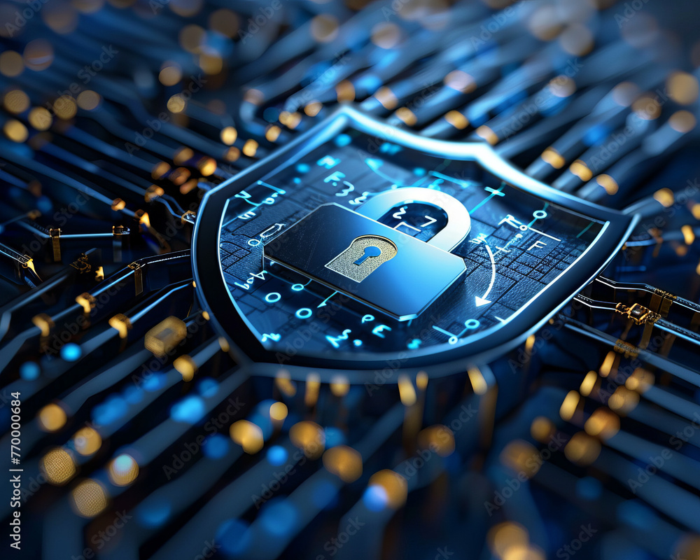 A close up of a padlock symbol with a checkmark morphing into a shield ...