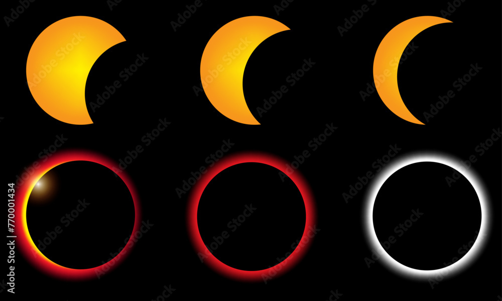 Set of Solar Eclipse stages to totality, phases of solar eclipse Stock ...
