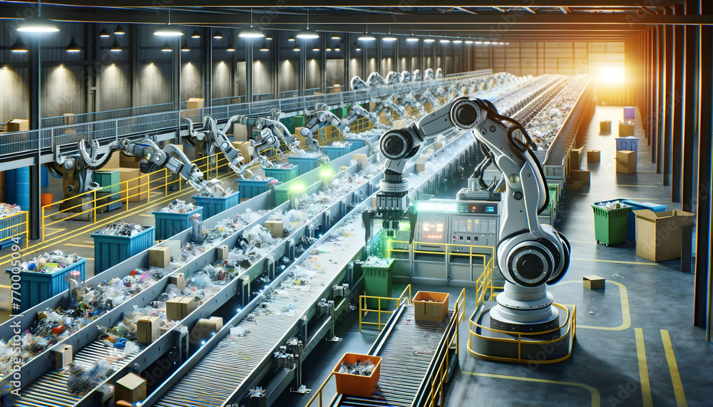 Automated Robot Arm Sorting Materials At A Recycling Facility Stock ...