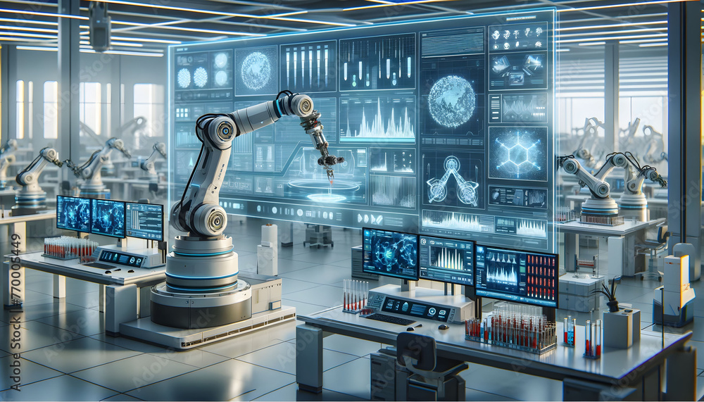 Robotic Arm Handling Samples In A High-tech Laboratory, Conducting ...