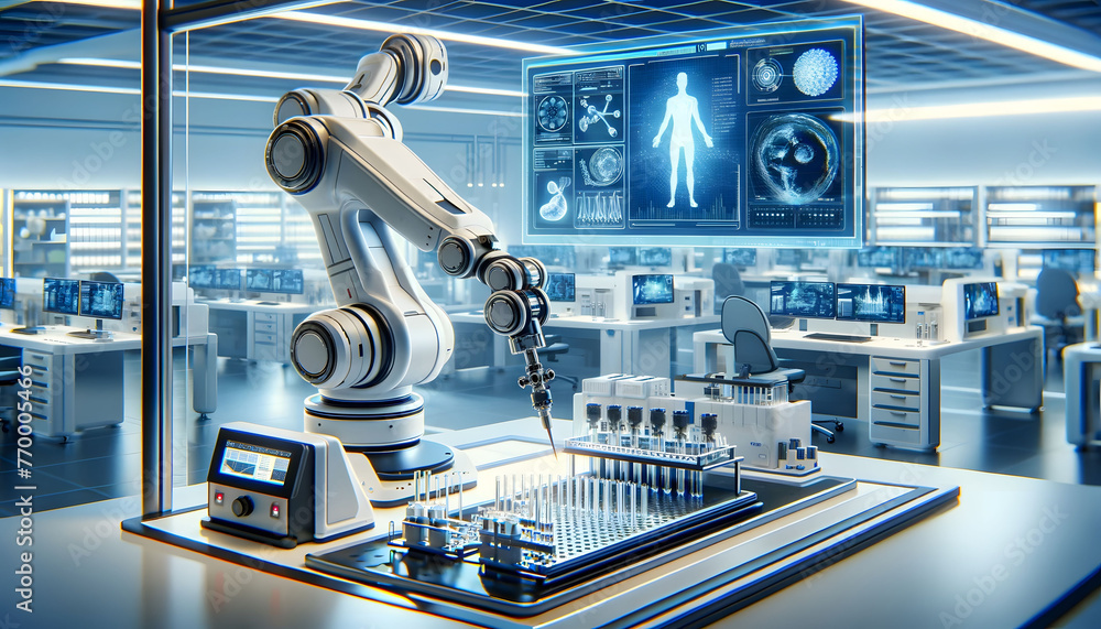 Robotic Arm Handling Samples In A High-tech Laboratory, Conducting ...