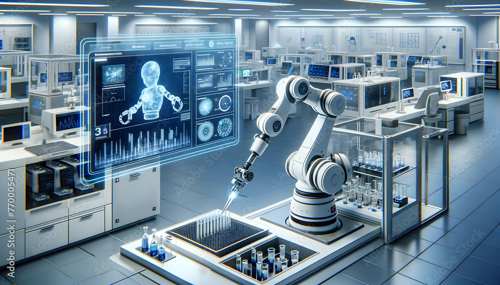 Robotic Arm Handling Samples In A High-tech Laboratory, Conducting ...
