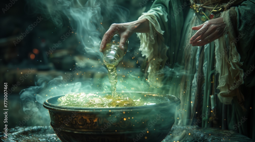Witch making potion, female hands adds liquid in to boiling cauldron ...