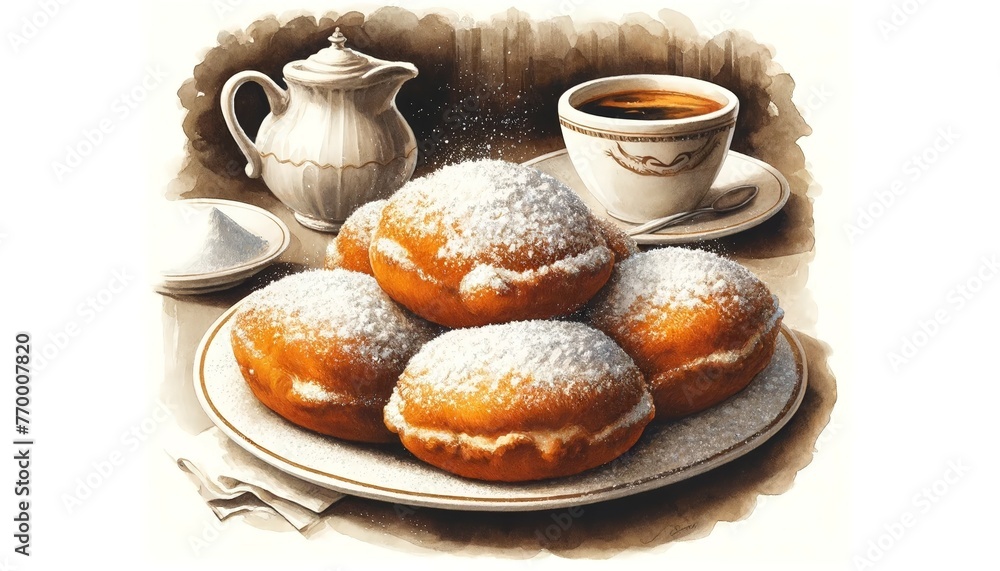 An artistic watercolor painting of Beignets, illustrating the dessert's ...