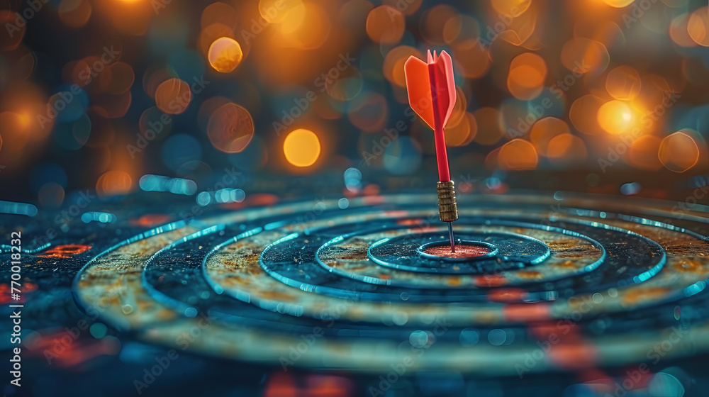 Businessman aims arrow at a virtual target dartboard, precision in ...