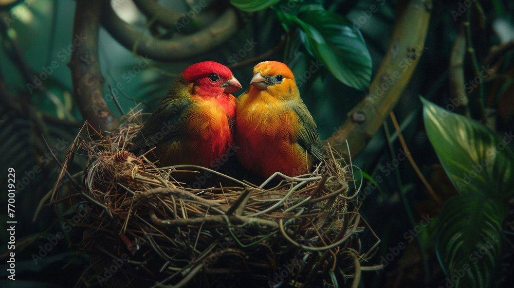Two colorful finches sharing a cozy nest, their vibrant plumage ...