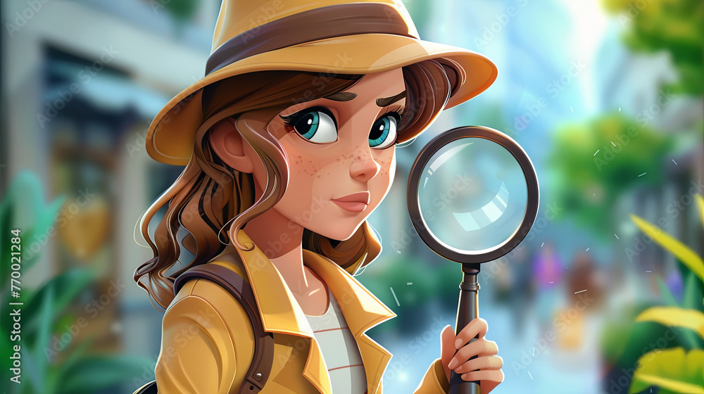 Cartoon female detective is looking through magnifying glass Stock ...