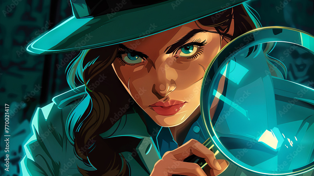 Cartoon female detective is looking through magnifying glass Stock ...