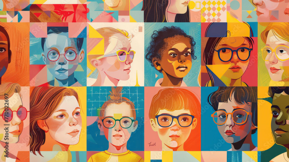 Art portraits of various children with down syndrome, autism, and ...