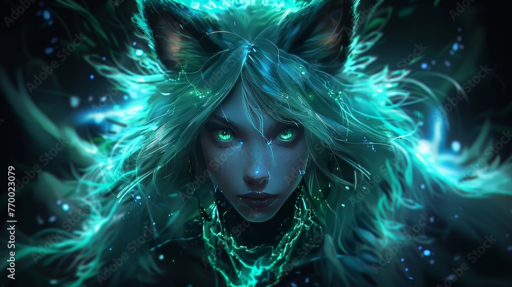 Front portrait of a gorgeous anime manga electric green fox with blue ...