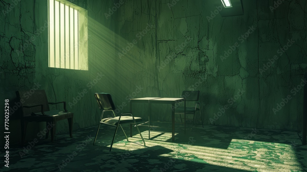 An empty interrogation room with a table and two chairs Stock ...