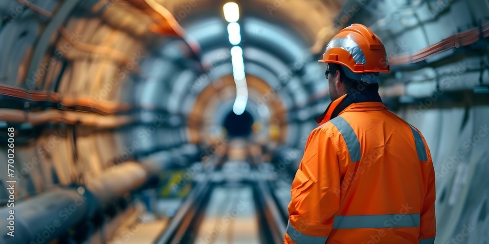 Engineer in orange safety gear supervising tunnel boring machine ...