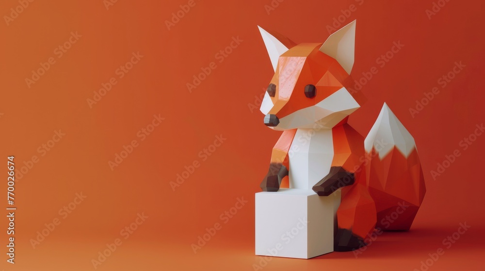 A small 3D graphic fox holding a white cube, designed in the style of ...