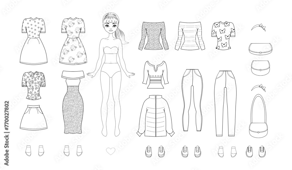 Paper doll clothes outline. Cute girl with clothes set, collection ...