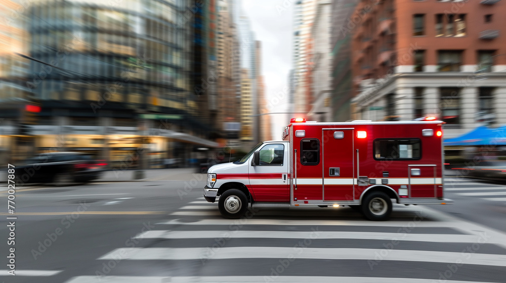 Ambulance car fast moving on city street. Ambulance van with flashing ...