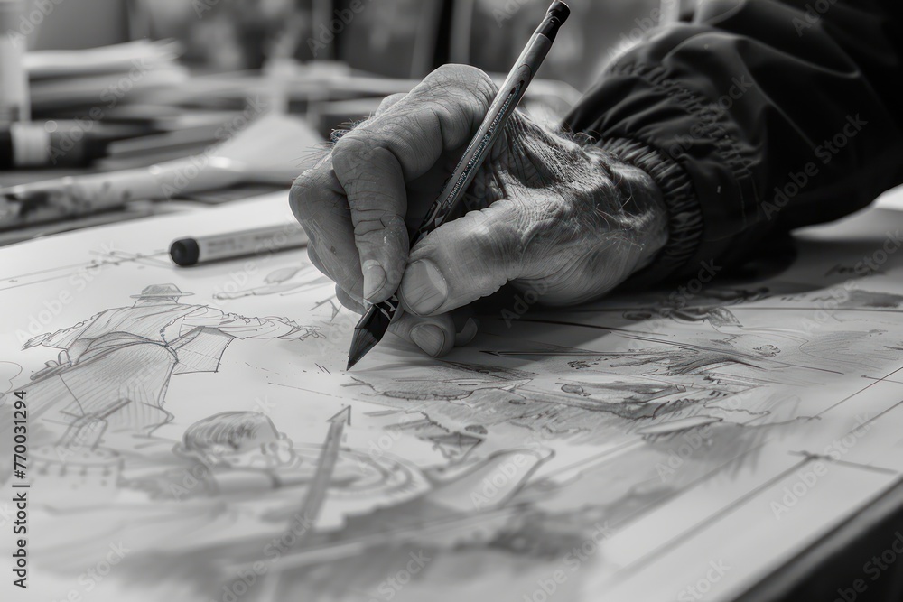 Animator s hand drawing a series of dynamic action poses for a ...