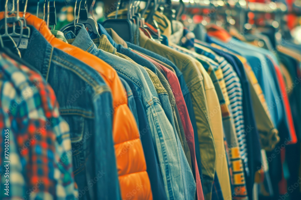 Various casual jackets and shirts on display at a clothing rack ...