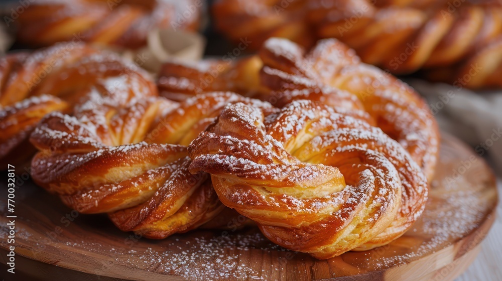 Medium shot of Icelandic kleinur, twisted doughnuts, fried and lightly ...